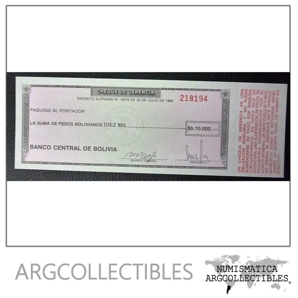 Bolivia Billete Cheque 10.000 Pesos Bolivianos Pick 173 A / Año 1982 ...