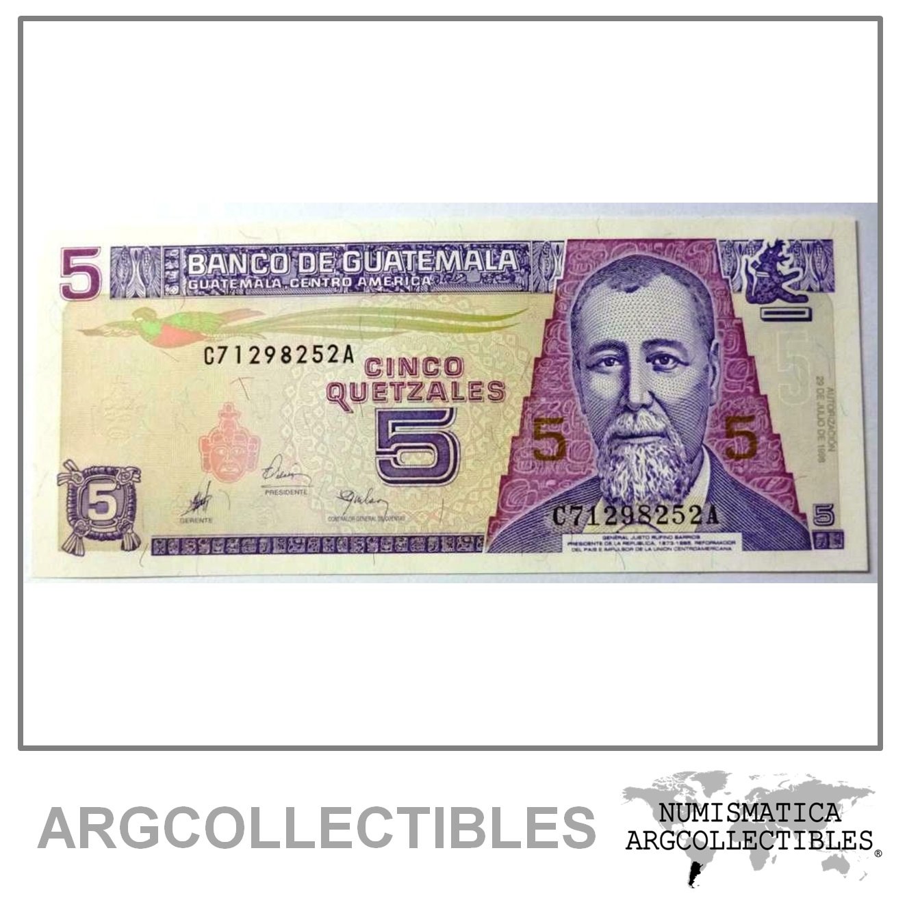 GUATEMALA Billete 5 Quetzales, Pick 100 UNC 1998 – Argcollectibles