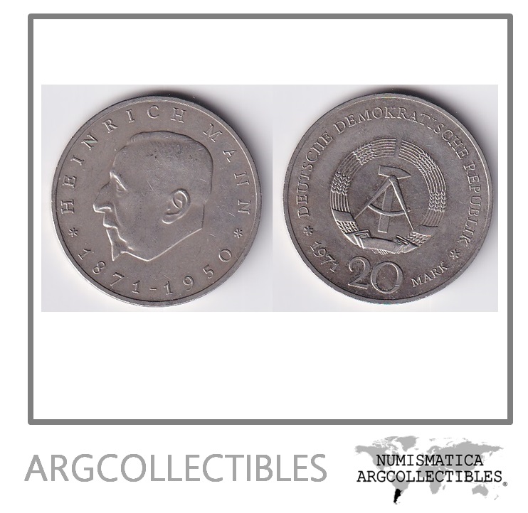 Alemania RDA Moneda 20 Marcos 1971 Niquel KM-33 UNC Heinrich Mann ...