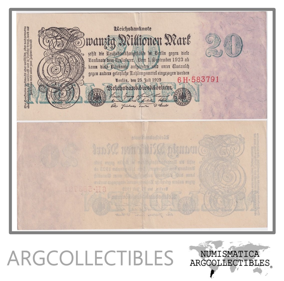 Alemania Billete 20 Millones Marcos 1923 P-97 XF – Argcollectibles
