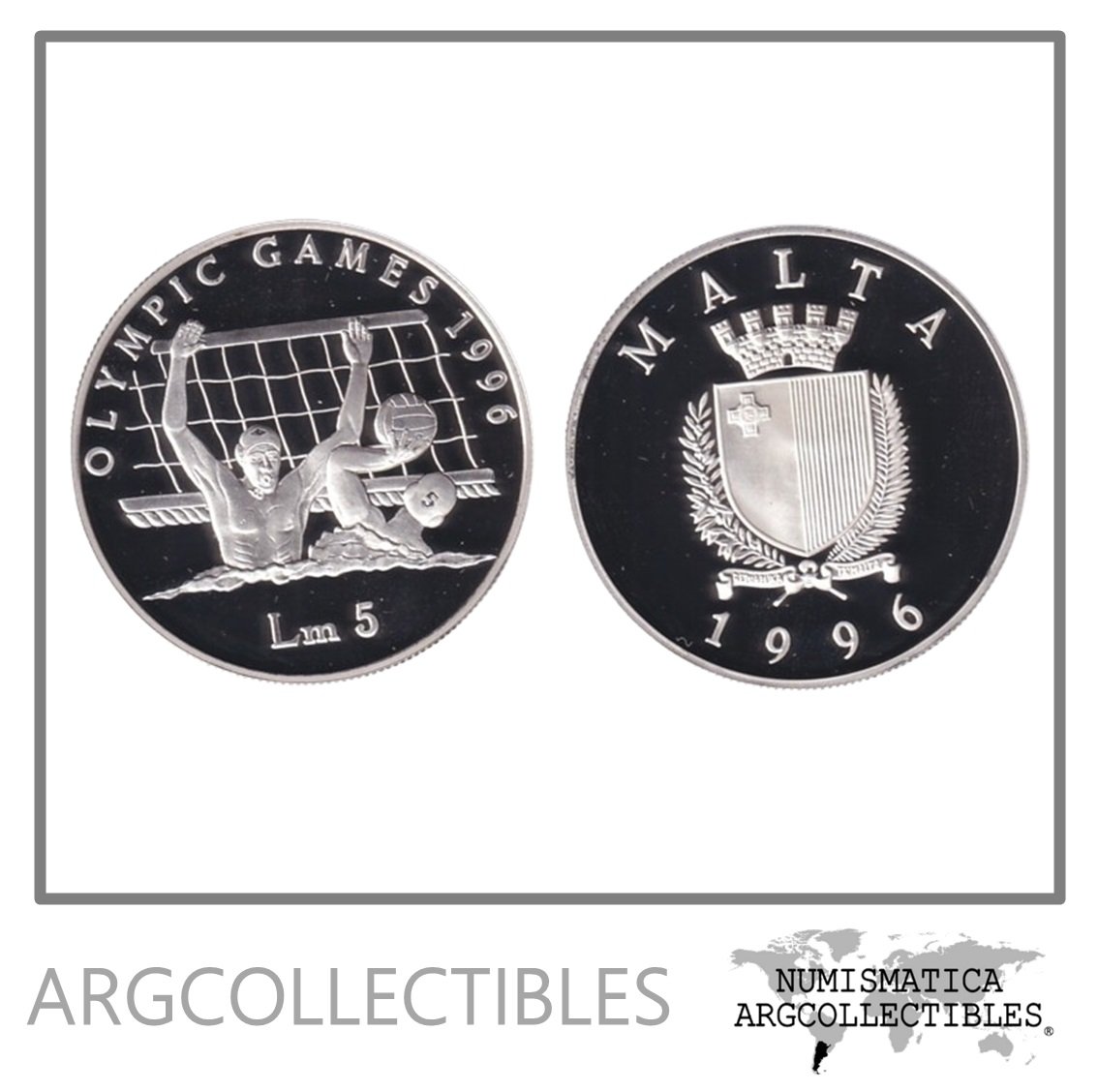 Malta Moneda 5 Liras 1996 Plata Water Polo Olimpiadas Atlanta 96 KM-110 ...