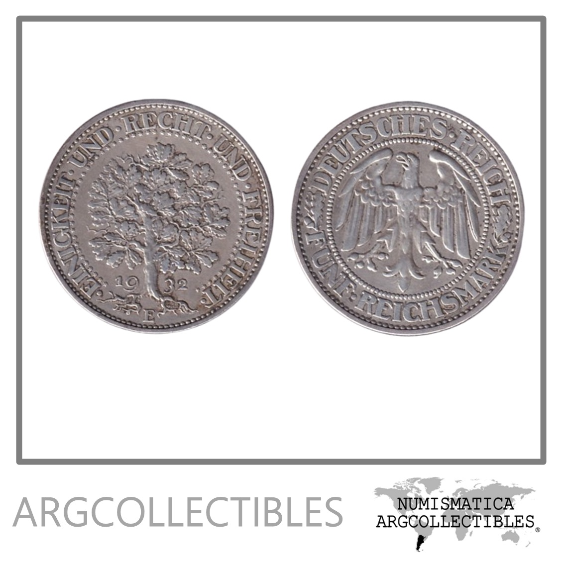 Alemania Weimar Moneda 5 Marcos 1932 E Plata 500 KM-56 VF+ ...