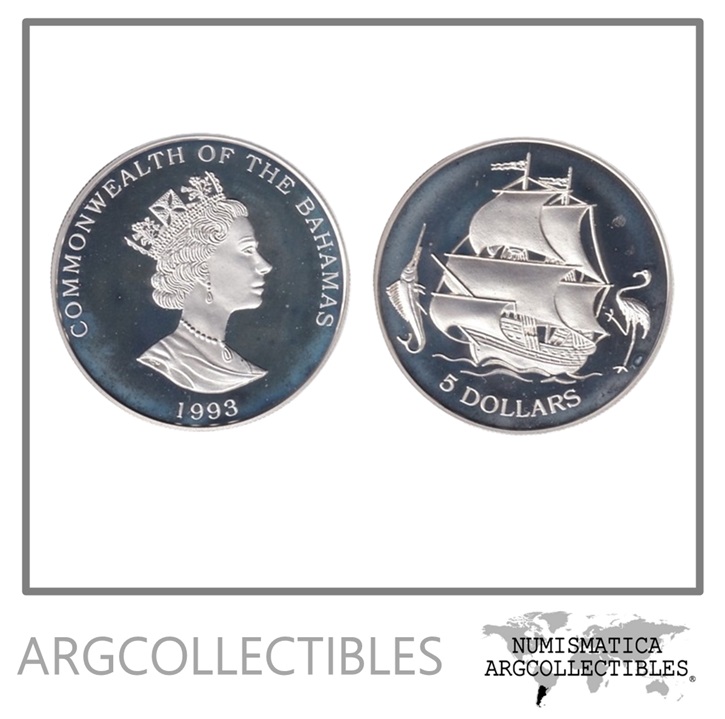 Bahamas Moneda 5 Dolares 1993 Plata 925 KM-170 Historia de los Barcos ...