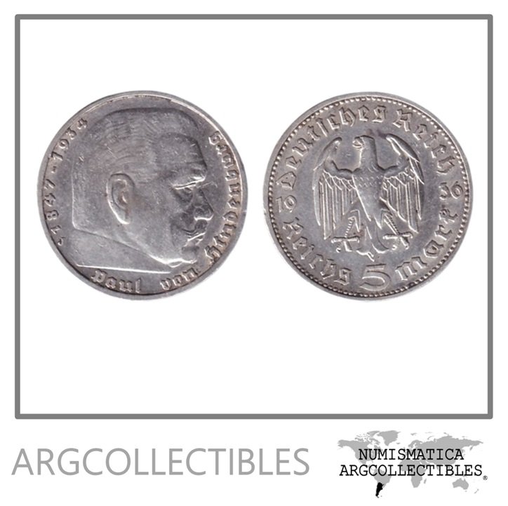 Alemania Moneda 5 Marcos 1936 J 3er Reich Plata 900 KM-86 VF+ ...